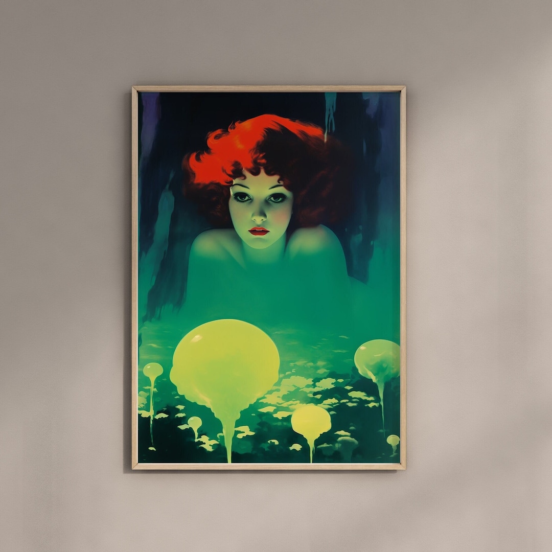 Art Deco / Nouveau, Trippy Redhead Girl 1920s Wall Art Print, Red and ...