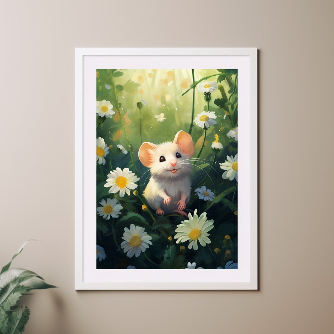 Cute Mouse With Daisies Flowers Art Print, Wall Art for Nursery ...