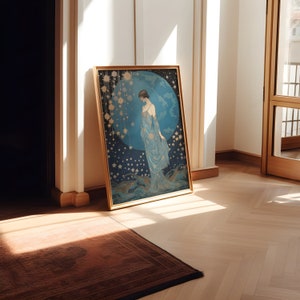 Art Deco Print, Girl Moon and Stars 1920s Wall Art, Moon Poster Blue ...