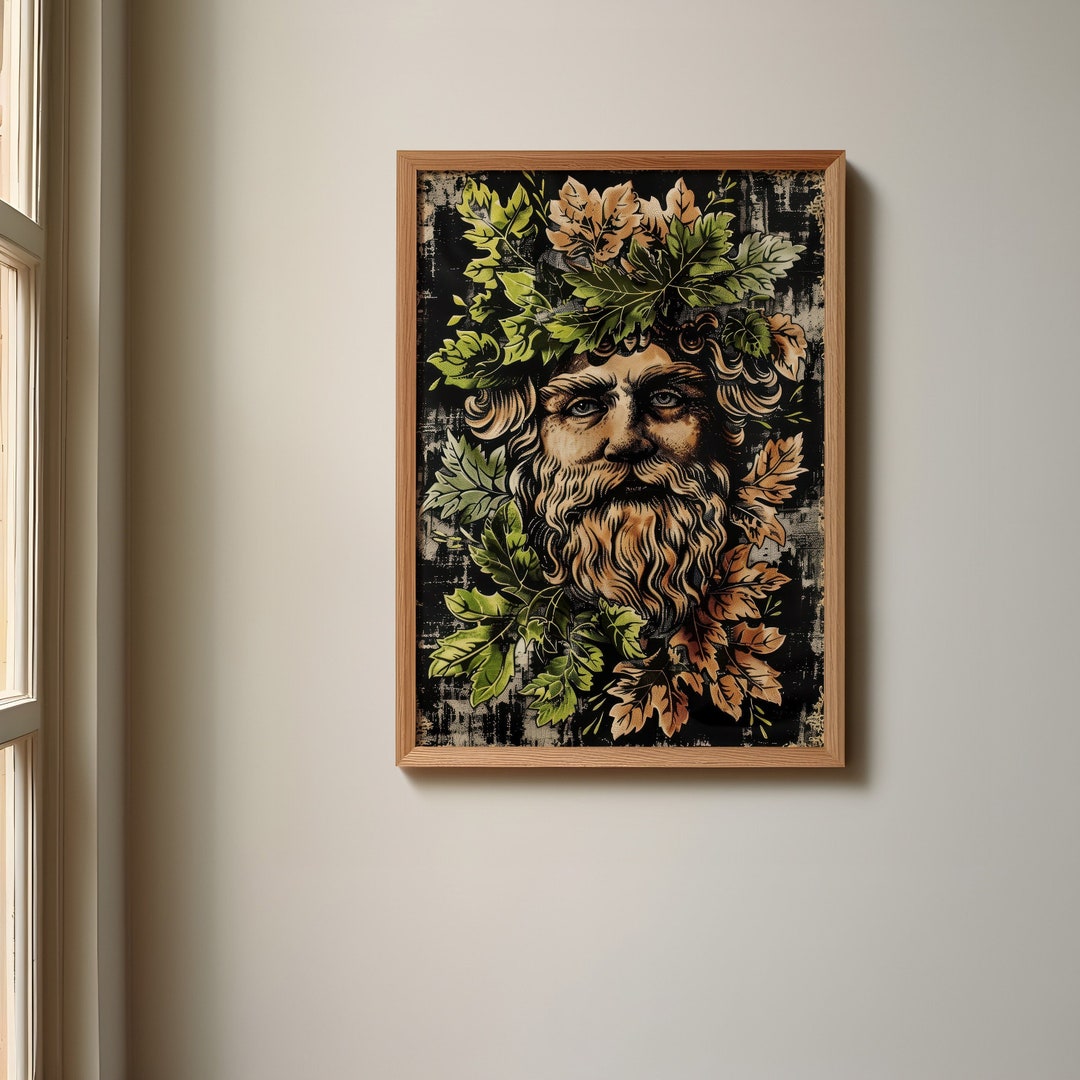 Vintage Style Pagan Greenman Wall Art, Beige and Green Folklore Home ...