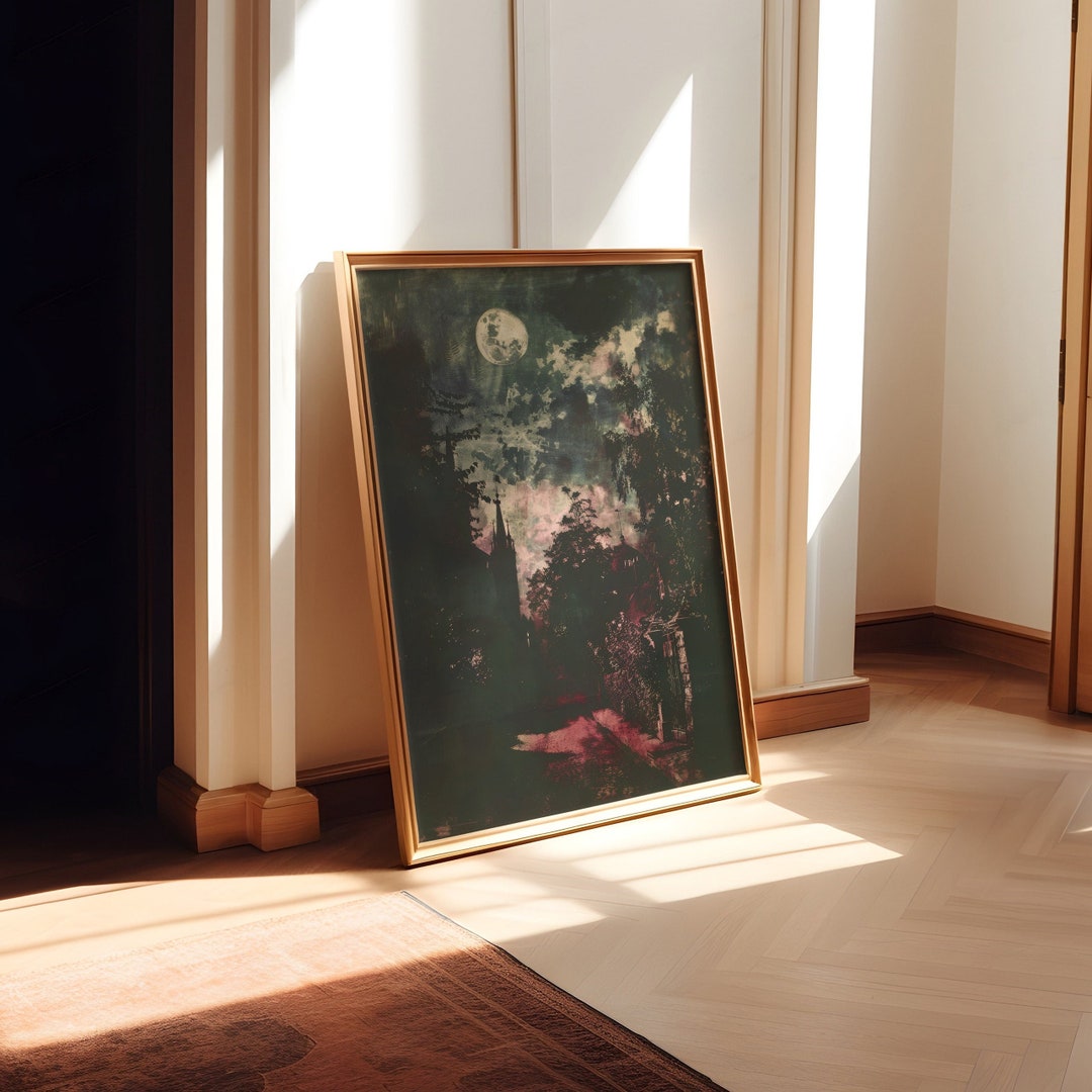 Full Moon Over Church, Gothic Art Print, Dark Moody Wall Art, Black and ...