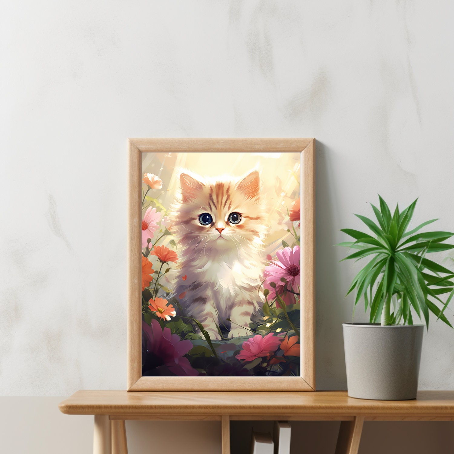 Kitten With Flowers Art Print, Cute Animal Wall Art for Nursery School ...