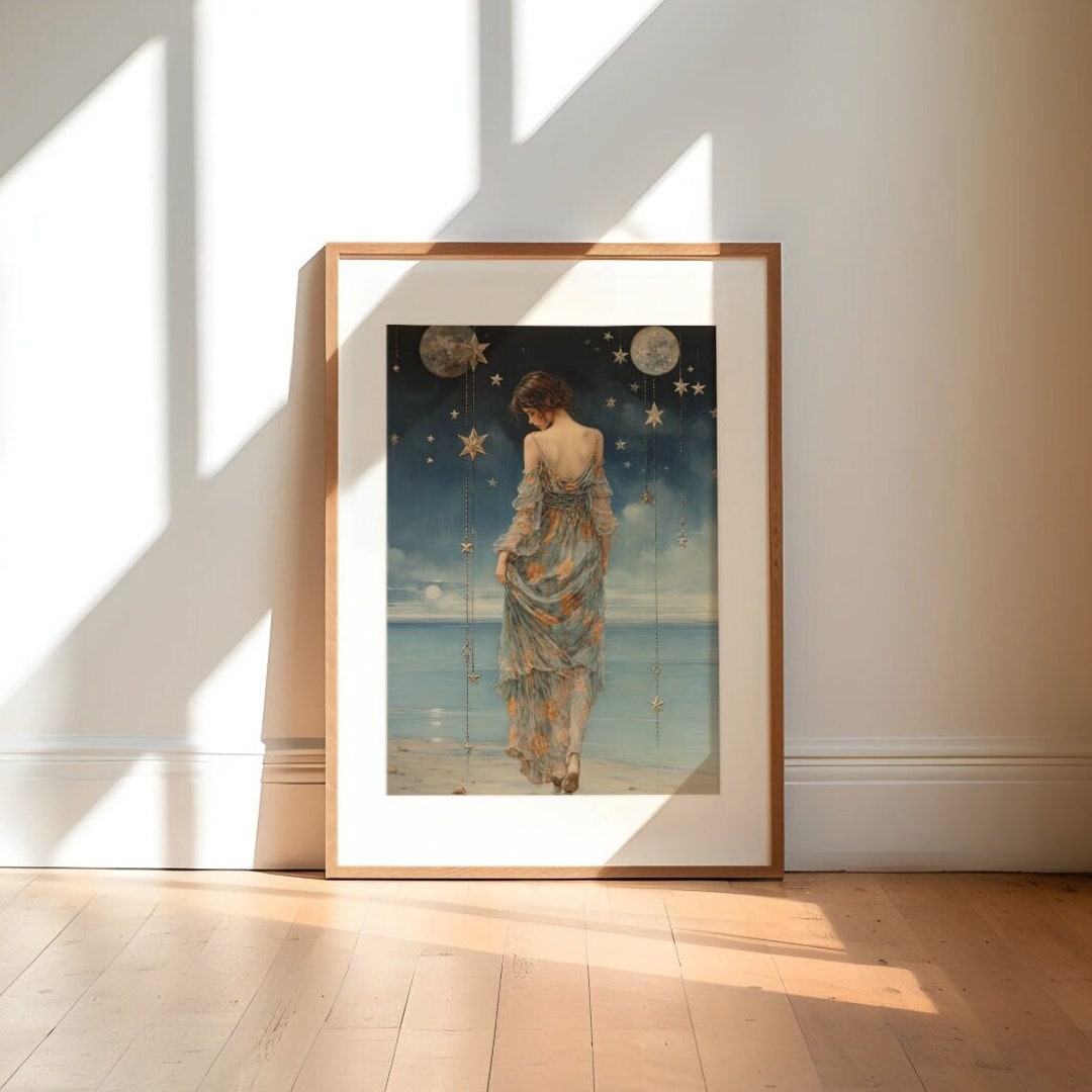 Art Deco Print, Girl Moon and Stars 1920s Wall Art, Moon Poster Blue ...