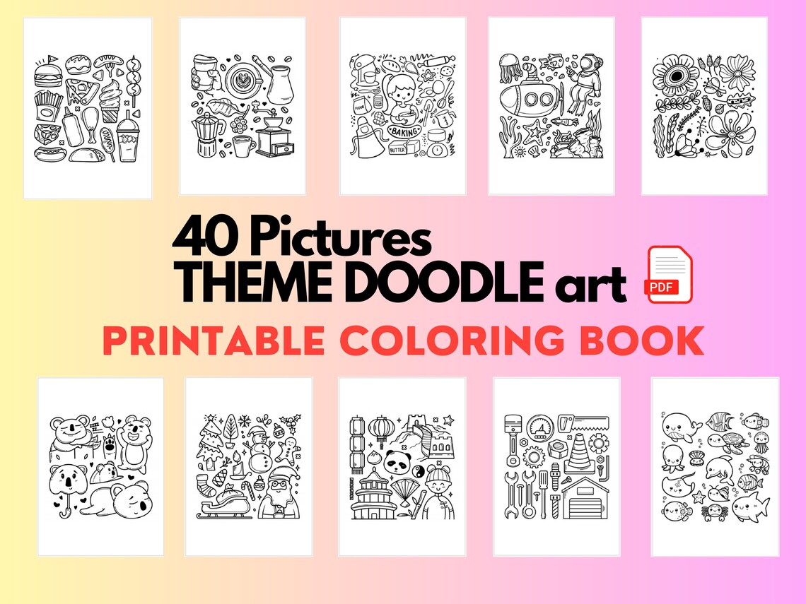 40 Pictures THEME DOODLE ART (printable Coloring Book) - Etsy