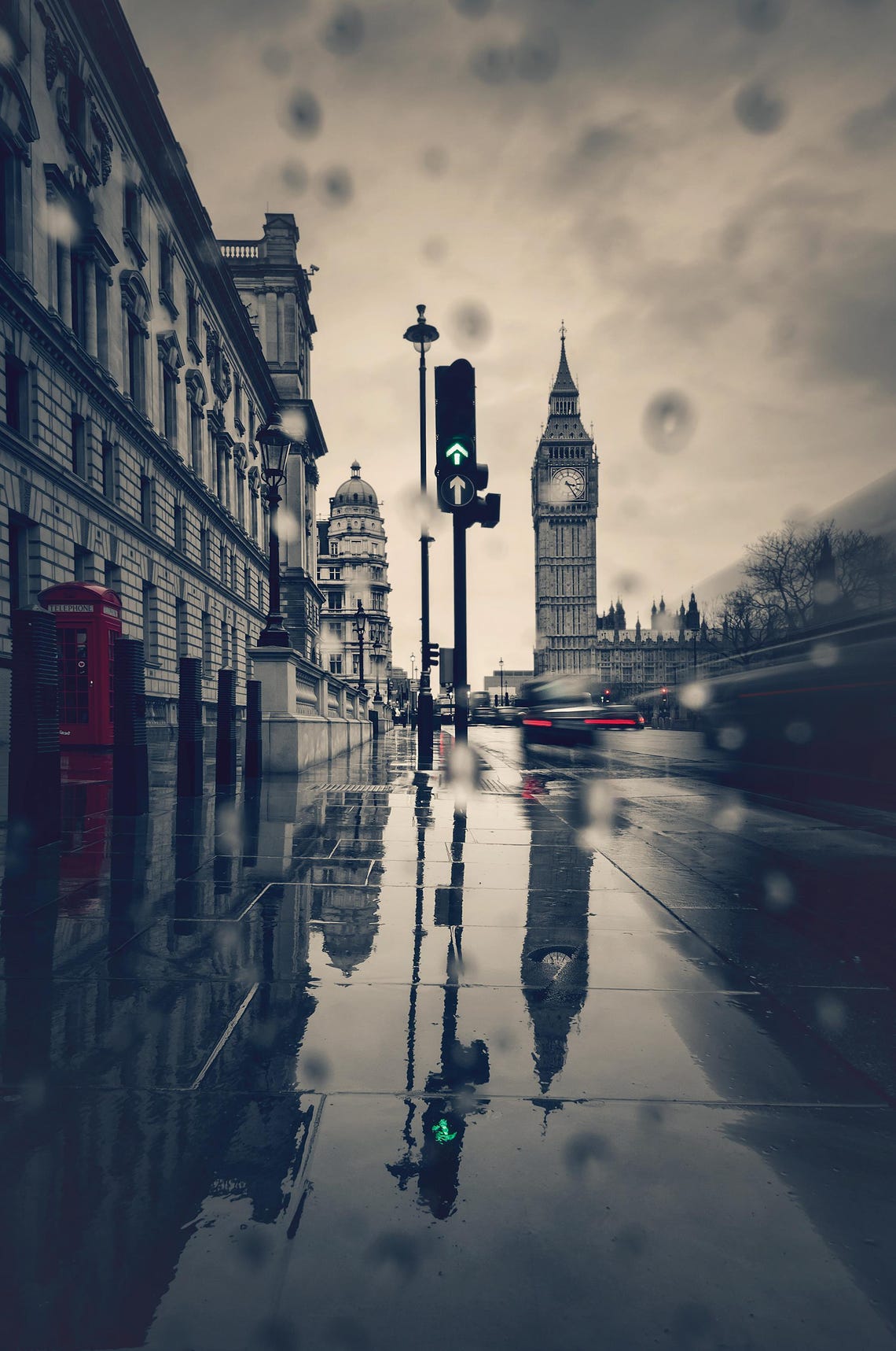 A Black and White Photo of a Rainy Wet Day in London With Big Ben and a ...
