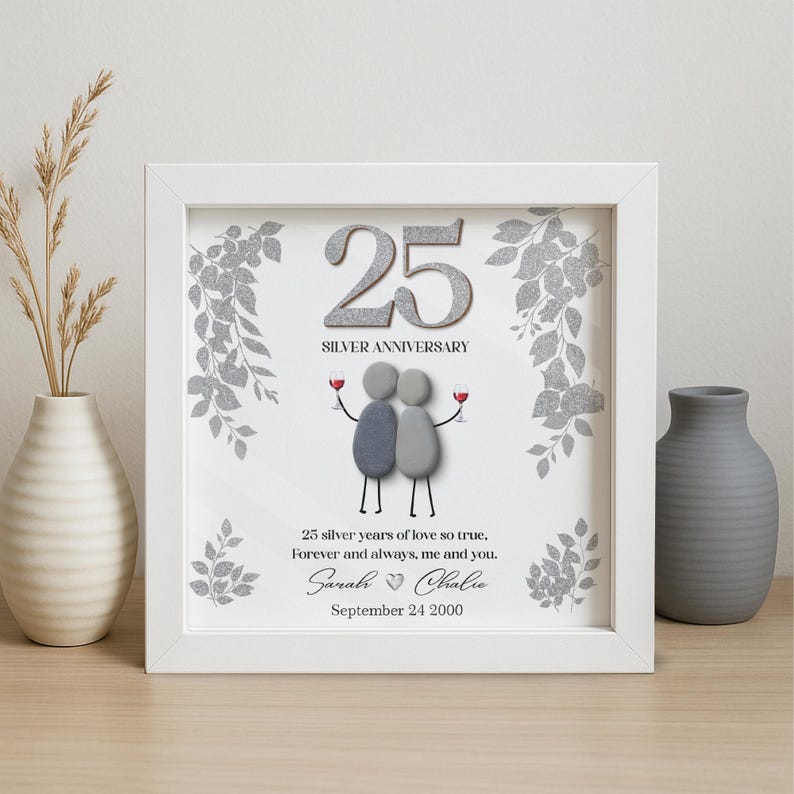 Silver Wedding Anniversary Personalized Pebble Art Frame, 25th ...