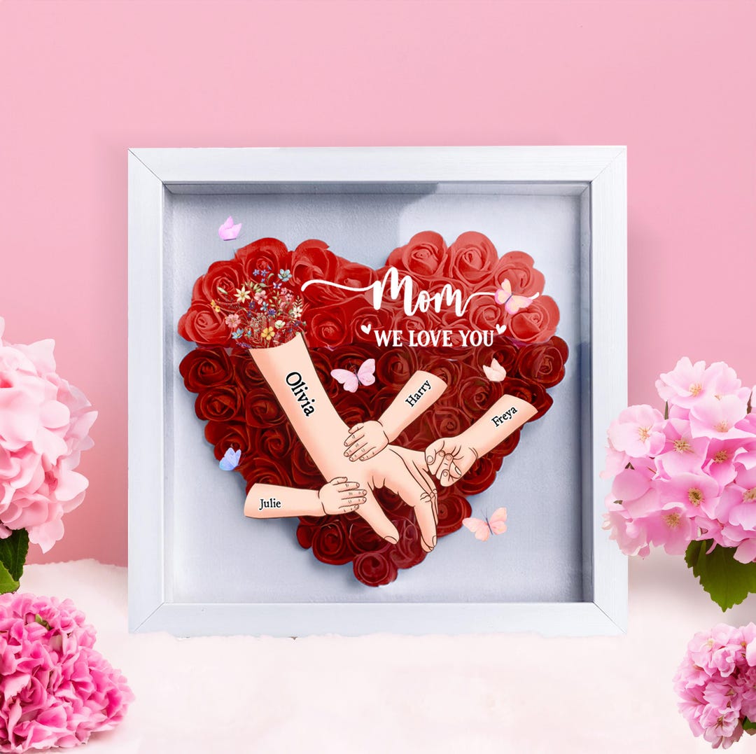 Personalized Handprints Mom and Children Flower Shadow Box, Mother's ...