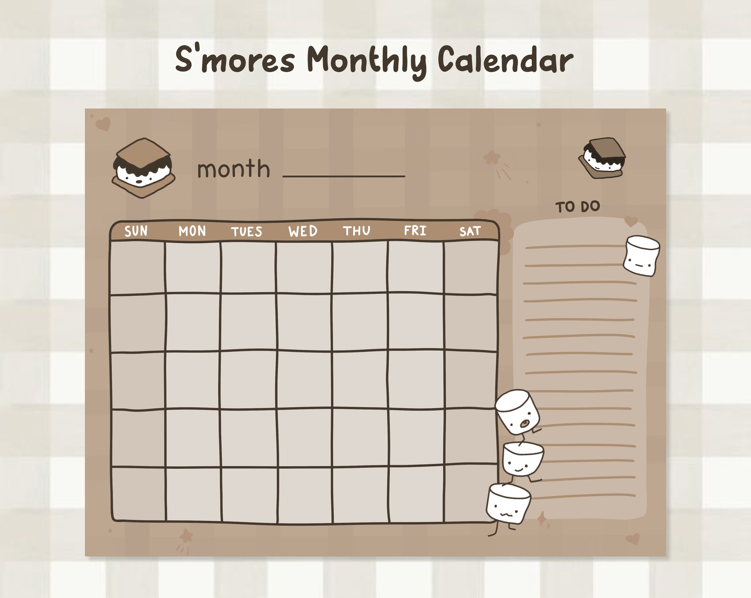 Cute Hand Drawn Digital S'mores Monthly Calendar | Sweet Honey Graham ...