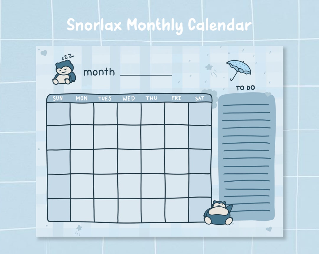 Lindo calendario mensual de Snorlax digital dibujado a mano / Tema ...
