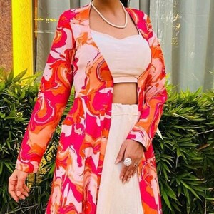 Pink Marble Print Crop Top, Skirt and Shrug, off White Crop Top With ...