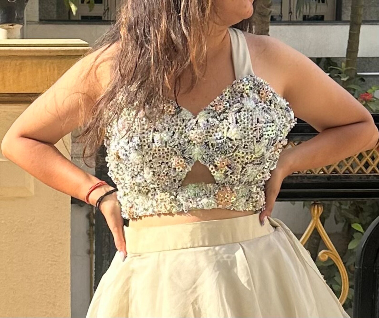 Hand Work Crop Top With Asymmetric Skirt, Motti Work Crop Top, Organza ...