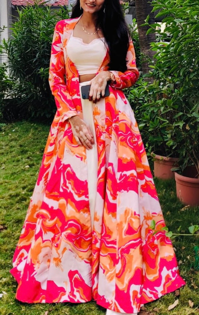 Pink Marble Print Crop Top, Skirt and Shrug, off White Crop Top With ...