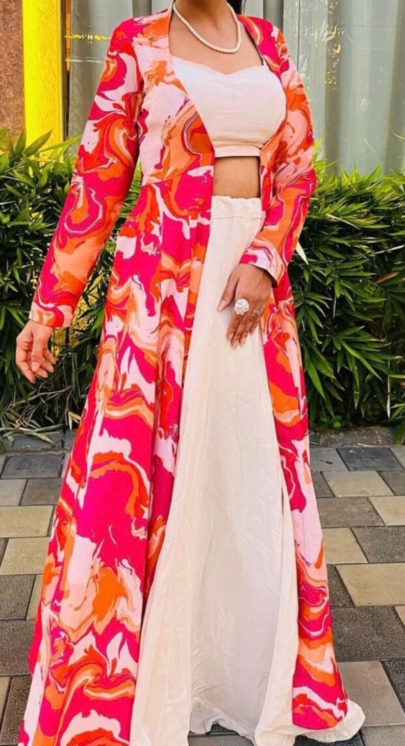 Pink Marble Print Crop Top, Skirt and Shrug, off White Crop Top With ...