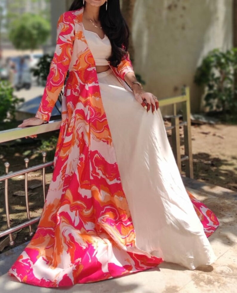 Pink Marble Print Crop Top, Skirt and Shrug, off White Crop Top With ...