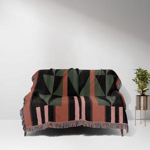 Green and Rust Orange Eclectic Geometric Stripes Woven Cotton Throw ...