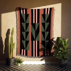 Green and Rust Orange Eclectic Geometric Stripes Woven Cotton Throw ...