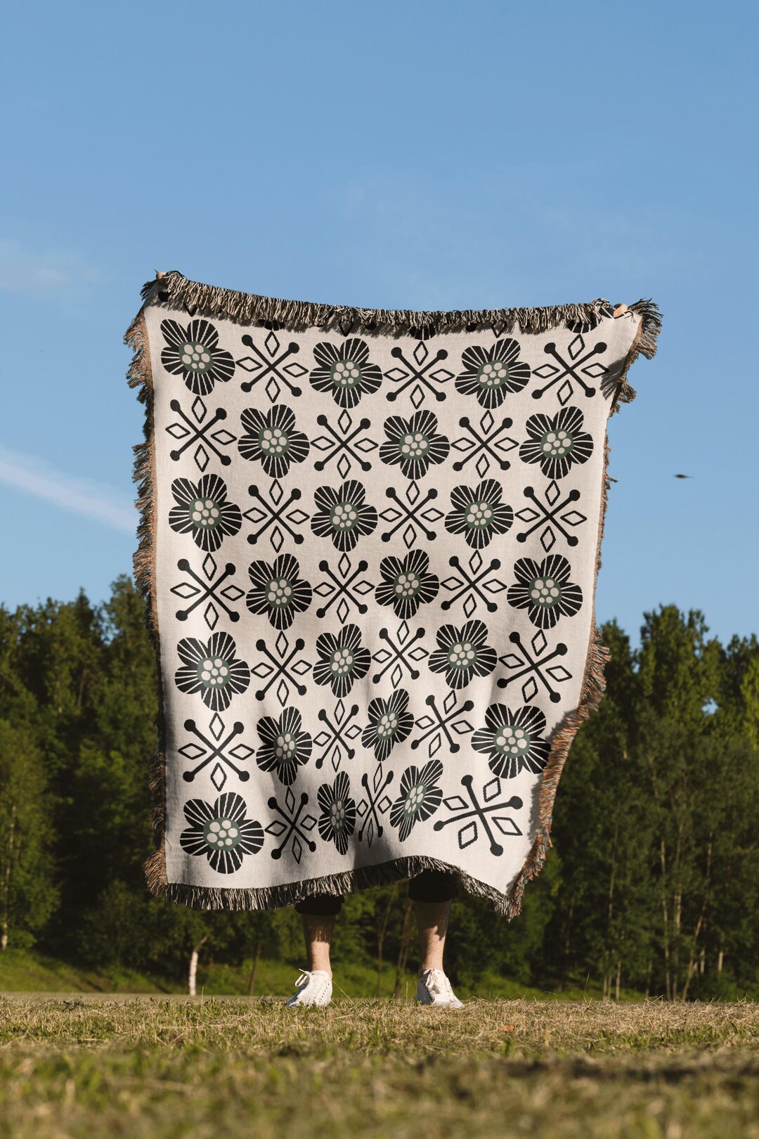 Black Beige & Green Floral Scandi Motif Woven Cotton Throw Blankets - Etsy