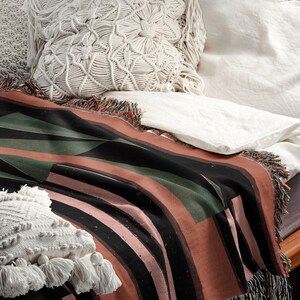 Green and Rust Orange Eclectic Geometric Stripes Woven Cotton Throw ...