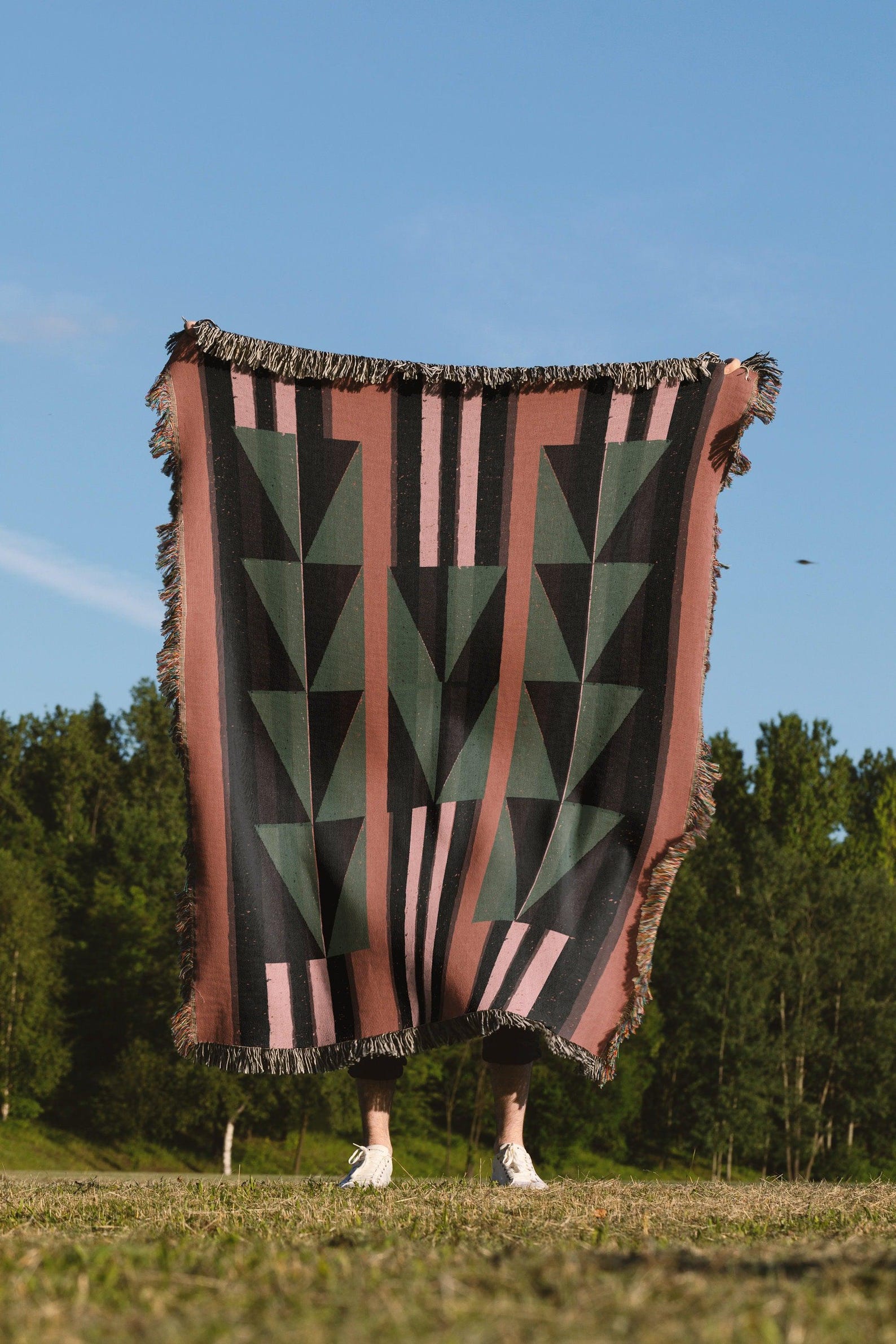 Green and Rust Orange Eclectic Geometric Stripes Woven Cotton Throw ...