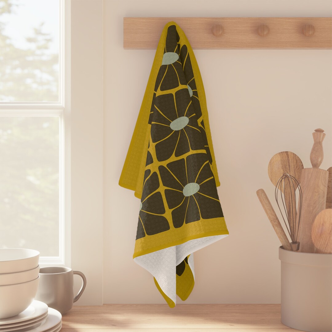 Mustard and Black Floral Microfiber Tea Towel - Etsy