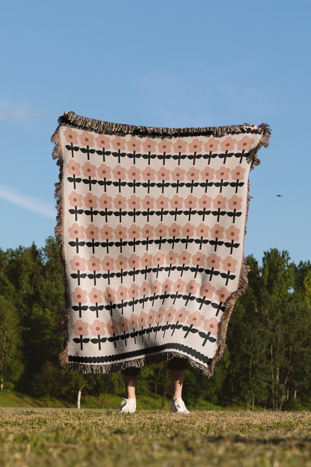 Pink Beige Black Flower Doodle Woven Cotton Throw Blankets - Etsy