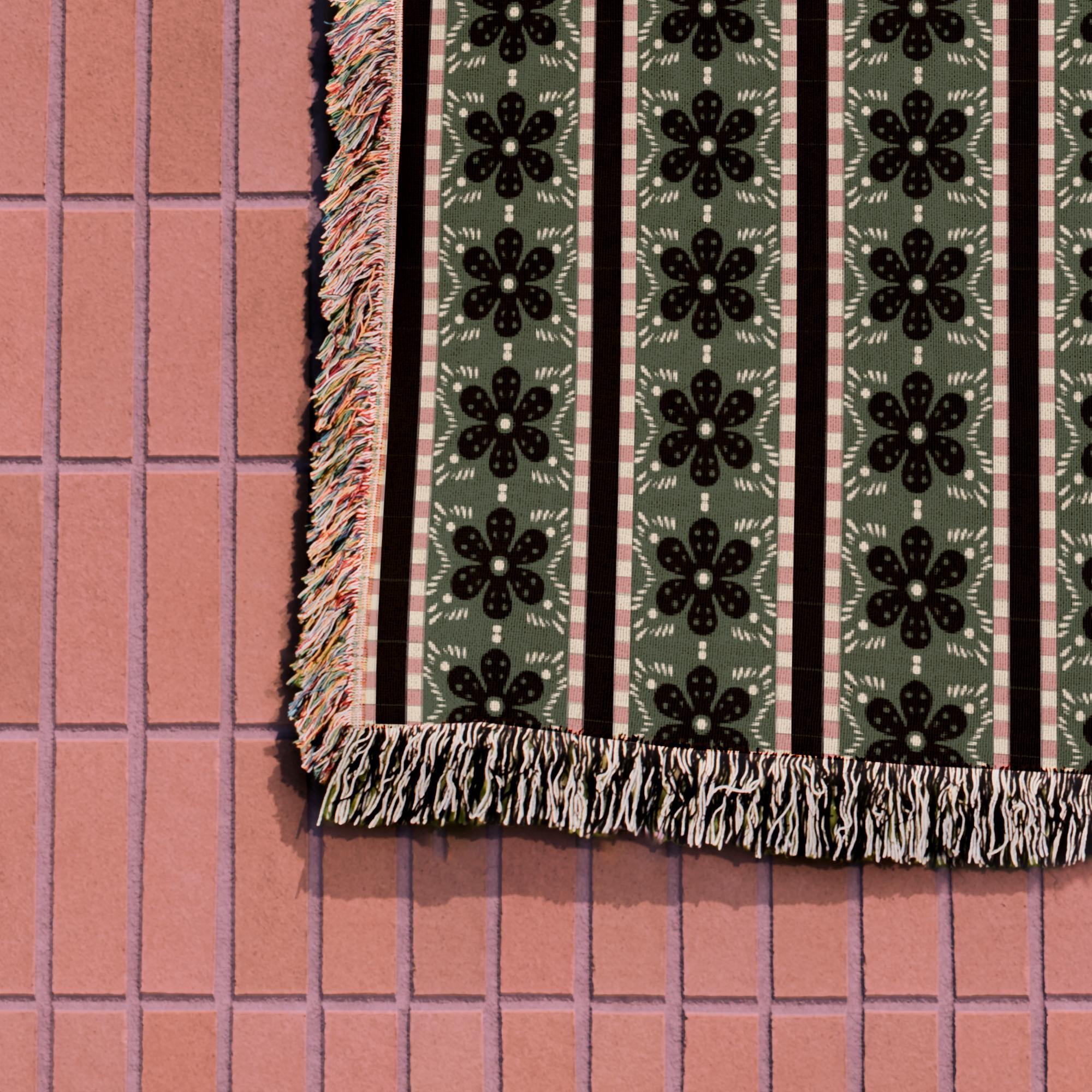 Green and Pink Floral Scandi Striped Woven Cotton Throw Blankets - Etsy