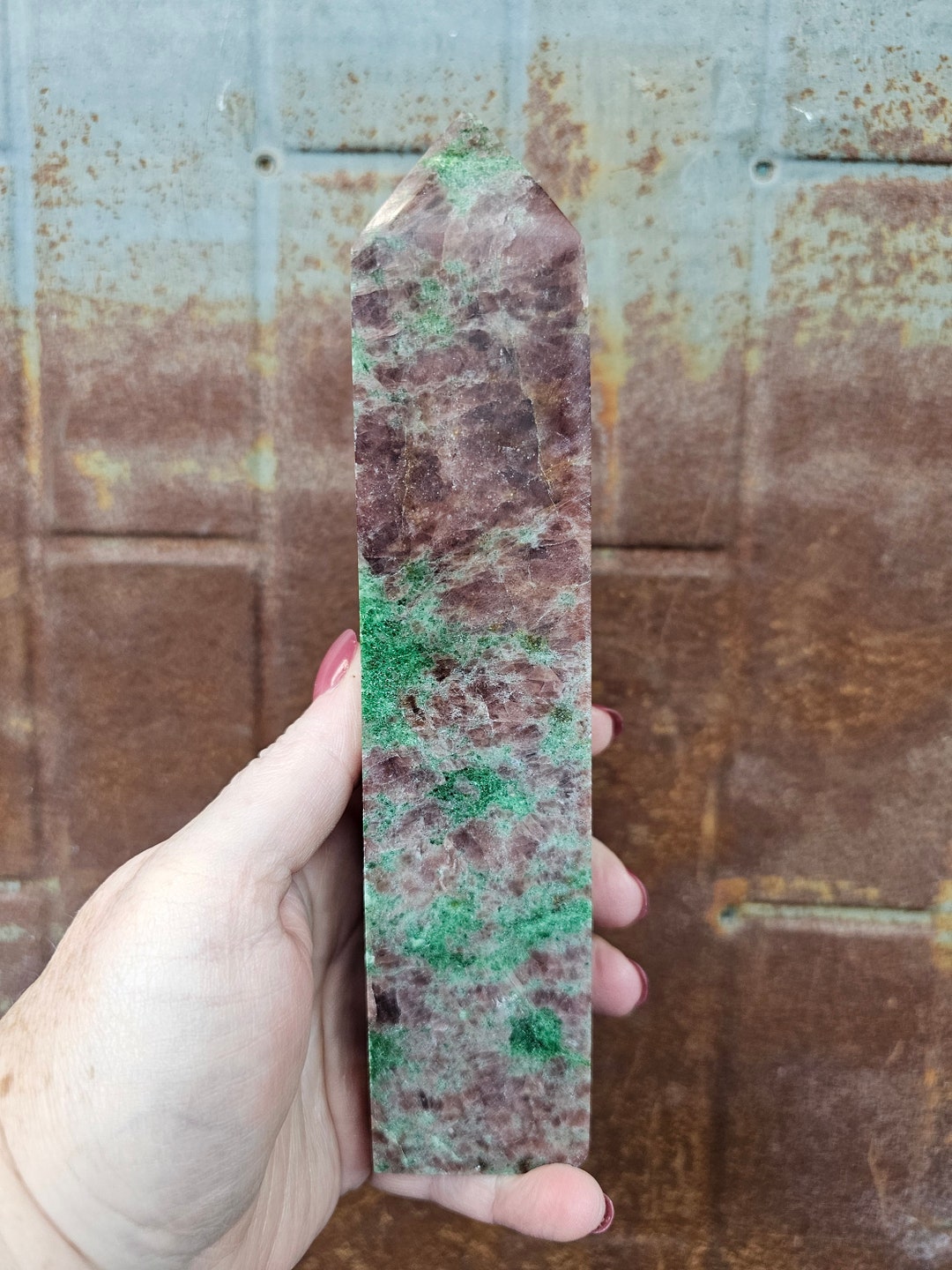 Red Calcite Tower With Green Strawberry Quartz Inclusions (christmas ...
