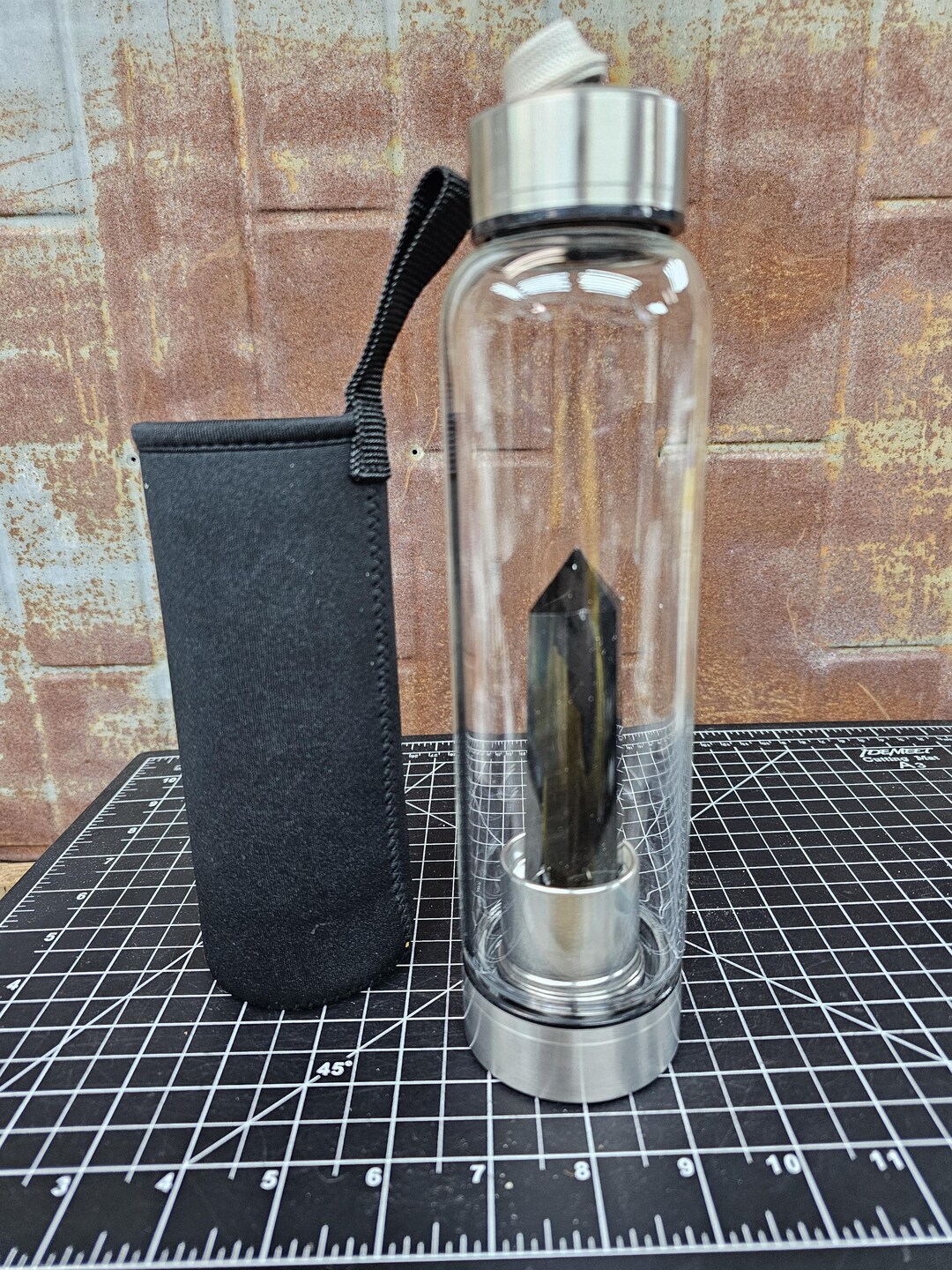 Glass Water Bottle With Obsidian Obelisk and Black Insulated Sleeve - Etsy