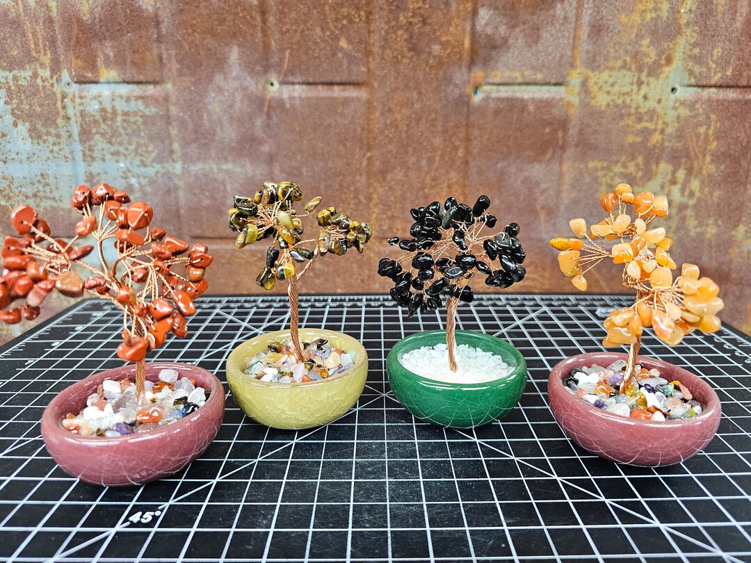 Set of 4 Potted Crystal Money Trees Red Jasper, Tigers Eye, Obsidian ...
