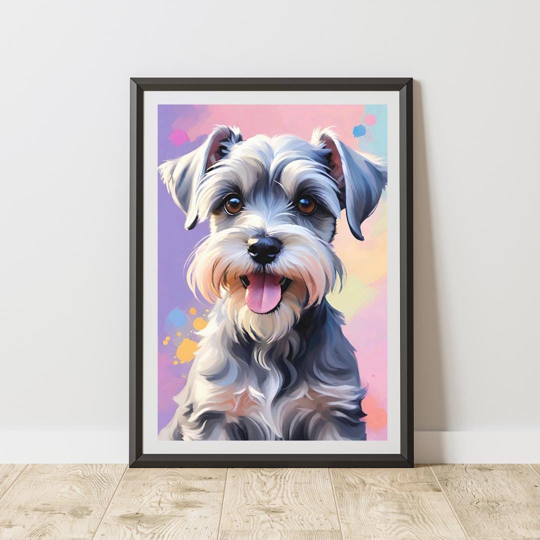 Mini Schnauzer On Pastel Watercolor Background Printable Digital Art