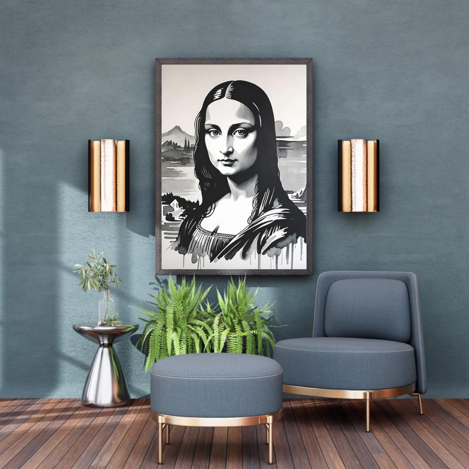 Modern Mona Lisa in Black & White Drip Ink Watercolor Paint | Printable ...