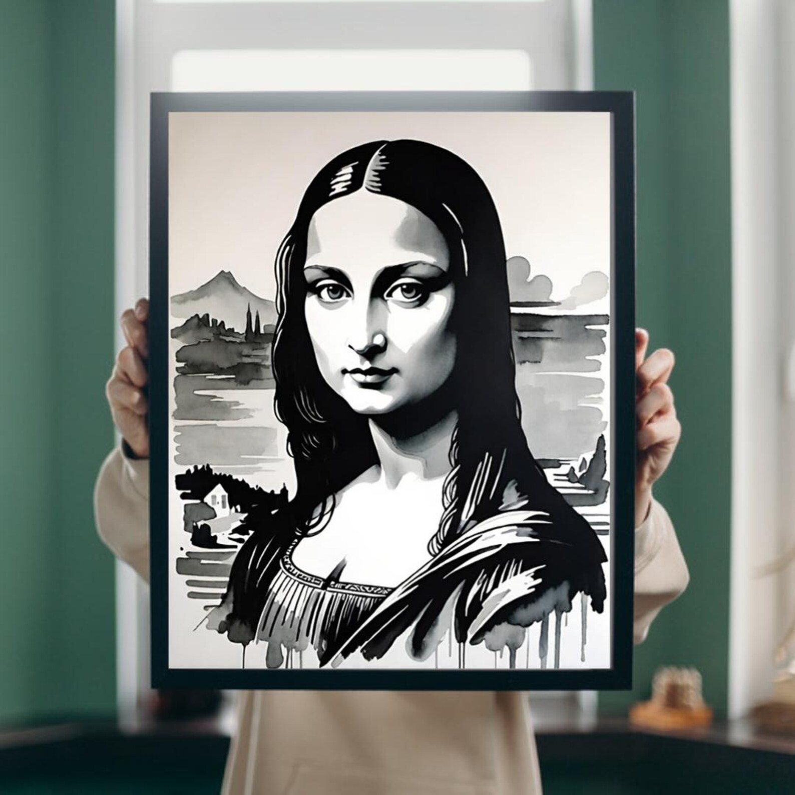 Modern Mona Lisa in Black & White Drip Ink Watercolor Paint | Printable ...