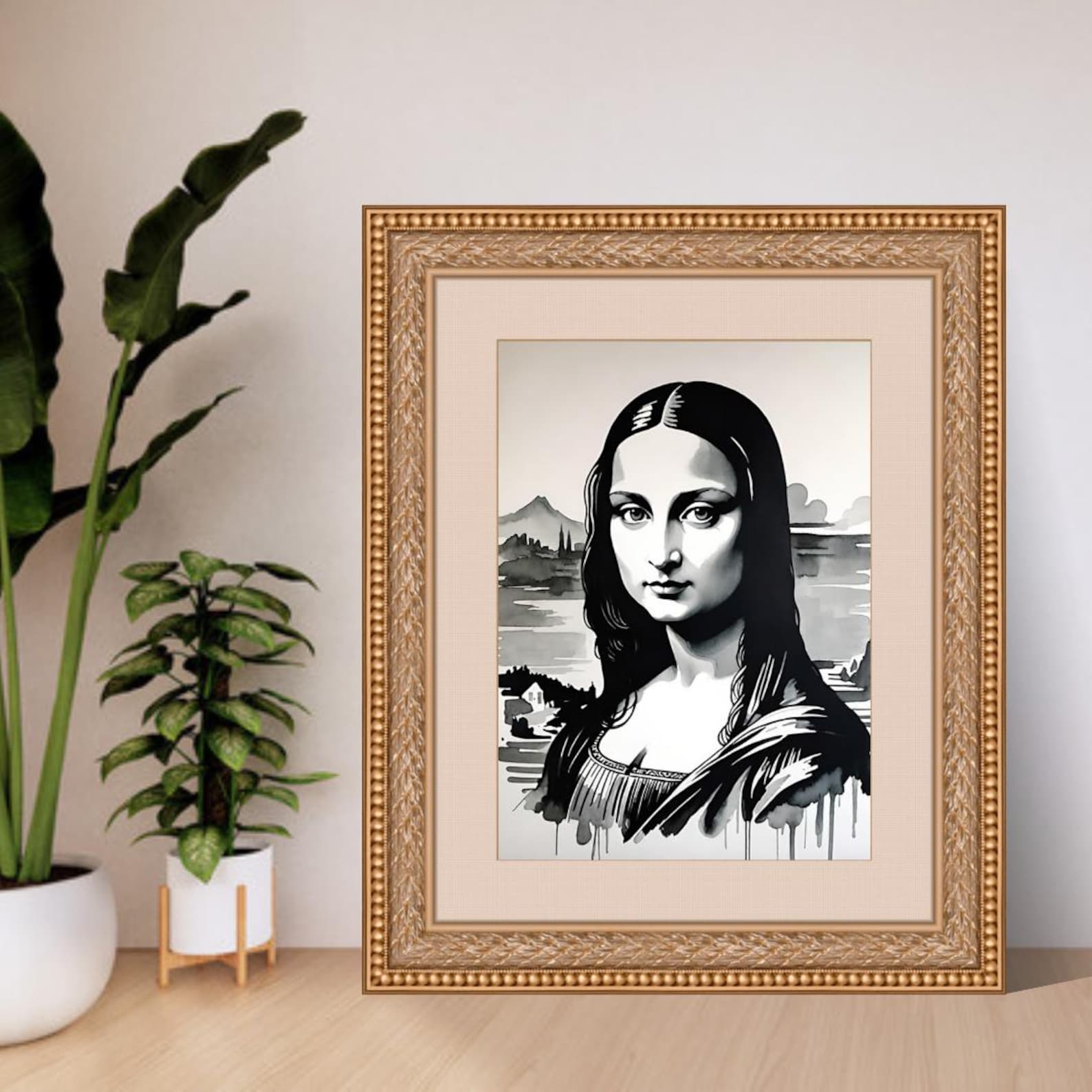 Modern Mona Lisa in Black & White Drip Ink Watercolor Paint | Printable ...