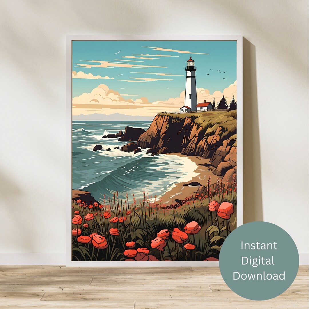 Vintage WPA Style Pacific Northwest Lighthouse Wall Art, Art Print ...