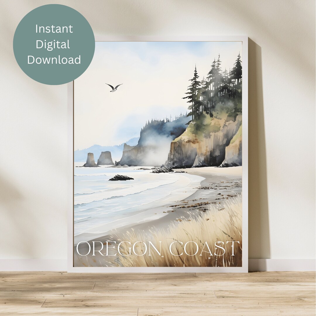 Vintage Watercolor Oregon Coast Travel Poster, Art Print, Printable ...