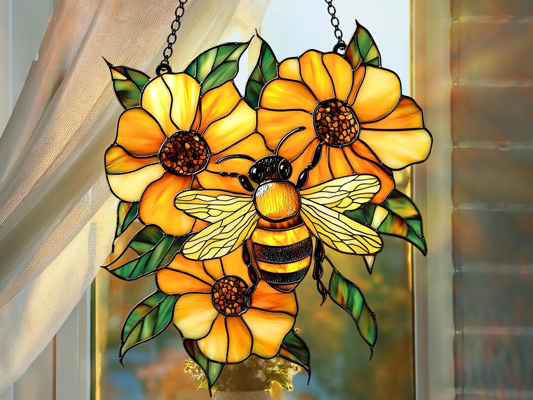 Honey Bee Suncatcher With Flowers, Acrylic Bee Window Hanging, Gift for ...