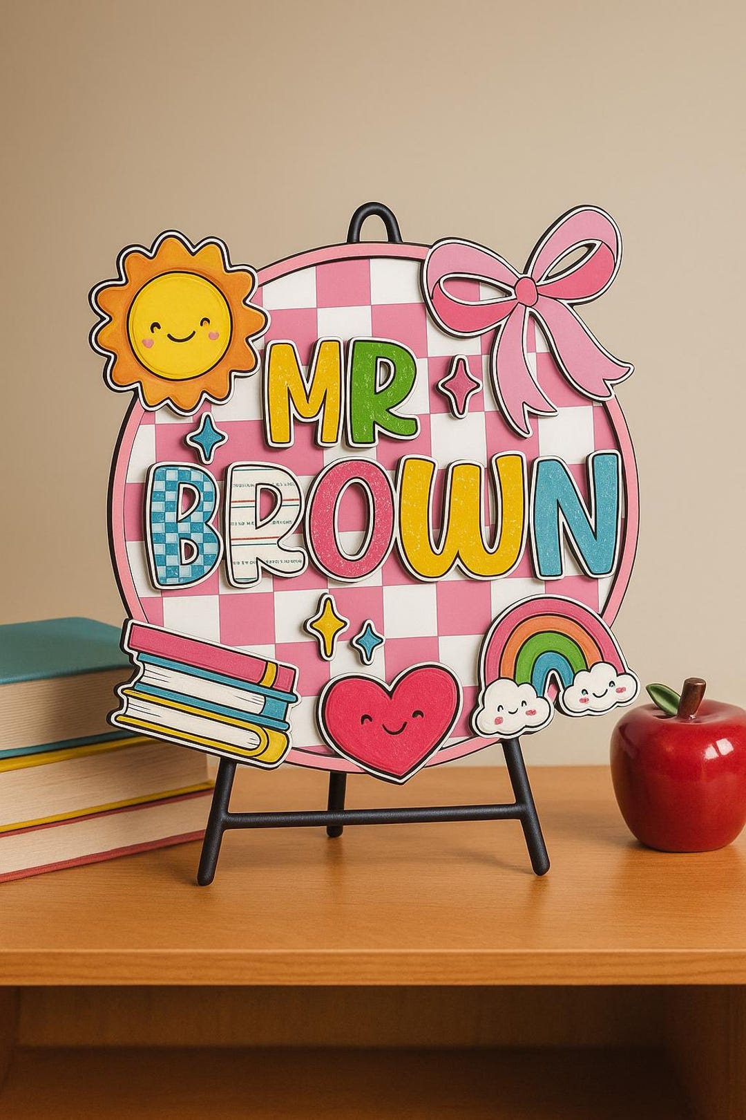Classroom Door Name Sign, Custom Wooden Teacher Sign With Pastel Icons ...