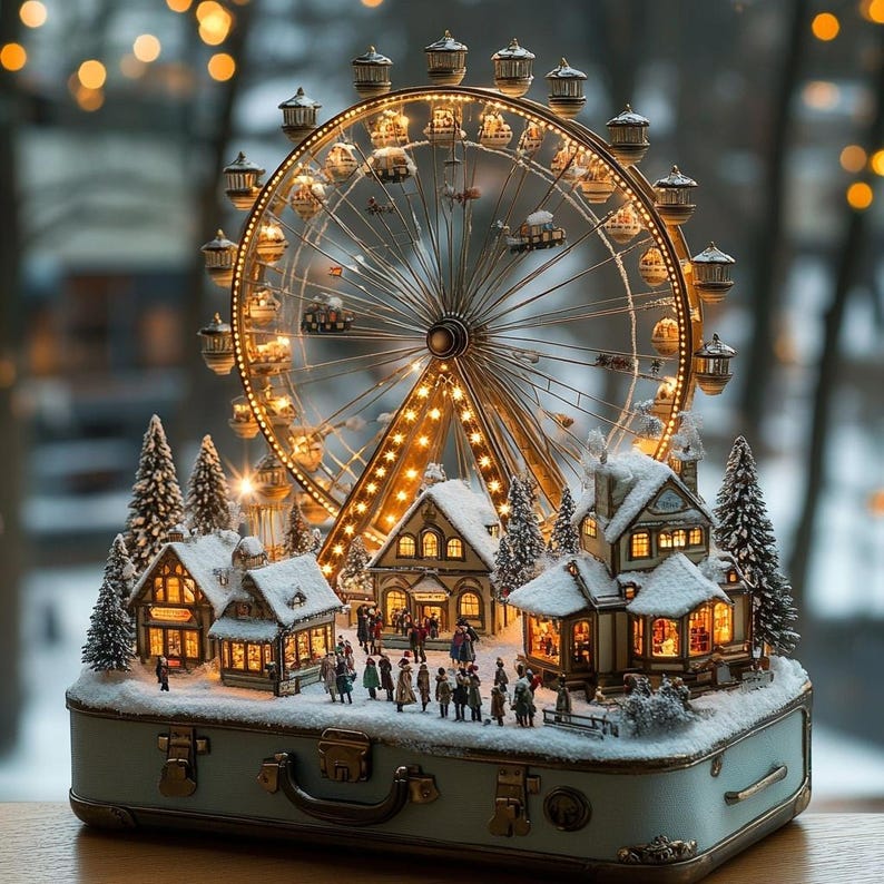 Lighted Christmas Village 2D FLAT With Ferris Wheel, Animated Holiday ...