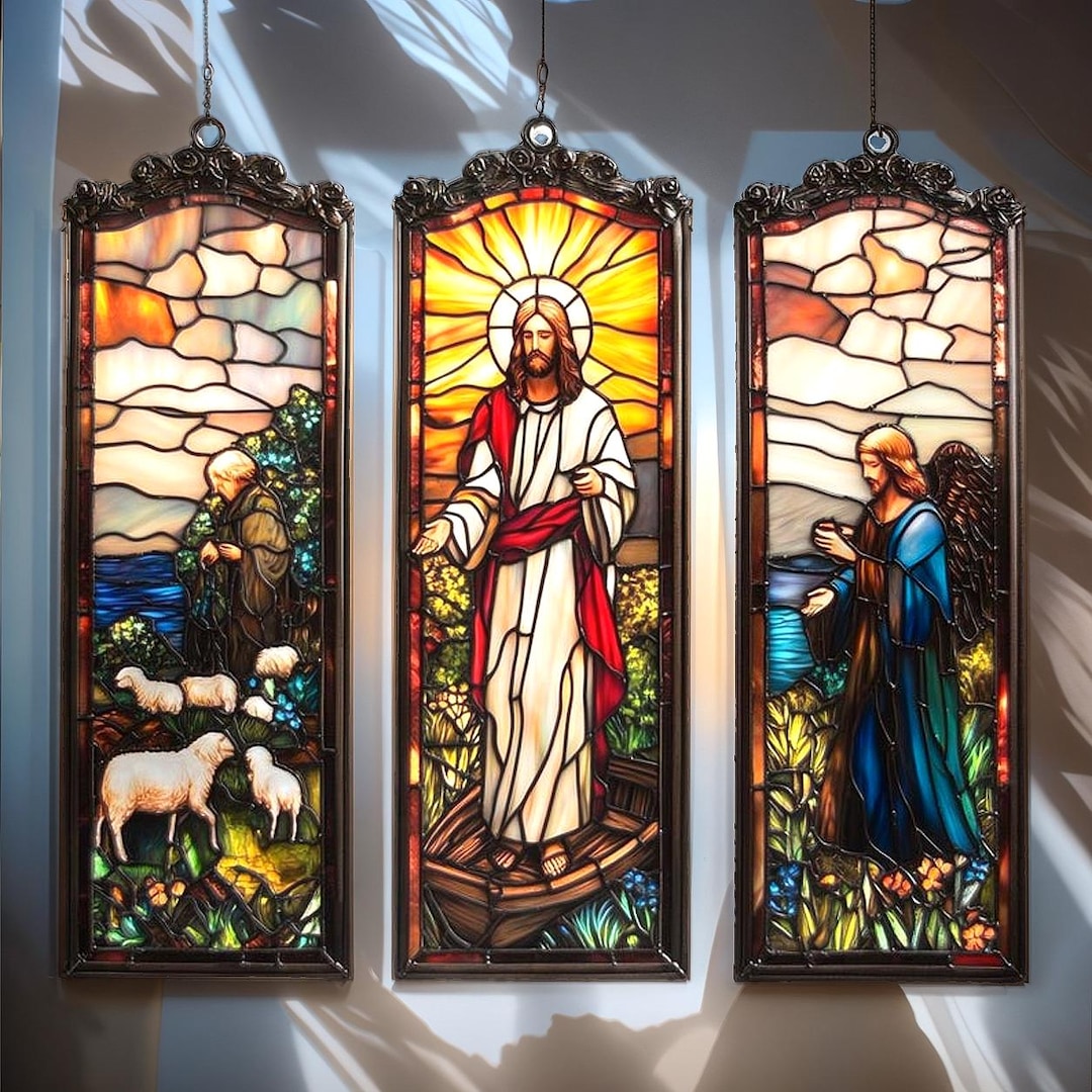 Religious ACRYLIC Suncatcher Trio, Faux Stained Glass Jesus and Angel ...