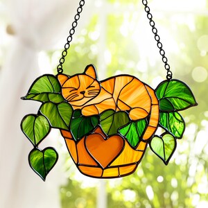 Orange Cat Suncatcher in Poppy Flowers, Acrylic Window Hanging Gift for ...
