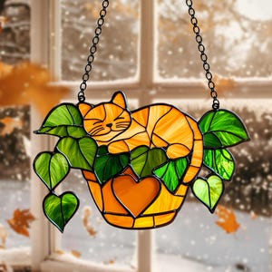 Orange Cat Suncatcher in Poppy Flowers, Acrylic Window Hanging Gift for ...