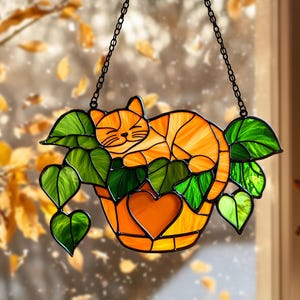 Orange Cat Suncatcher in Poppy Flowers, Acrylic Window Hanging Gift for ...