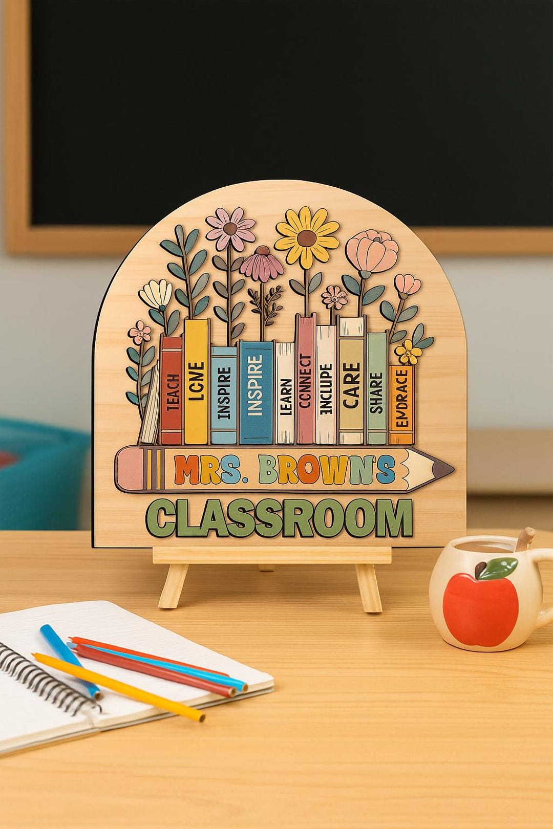 Personalized Teacher Classroom Door Sign, Floral Bookshelf Wood Hanger ...