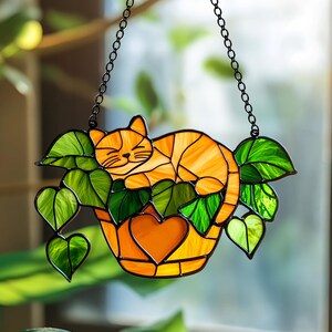 Orange Cat Suncatcher in Poppy Flowers, Acrylic Window Hanging Gift for ...