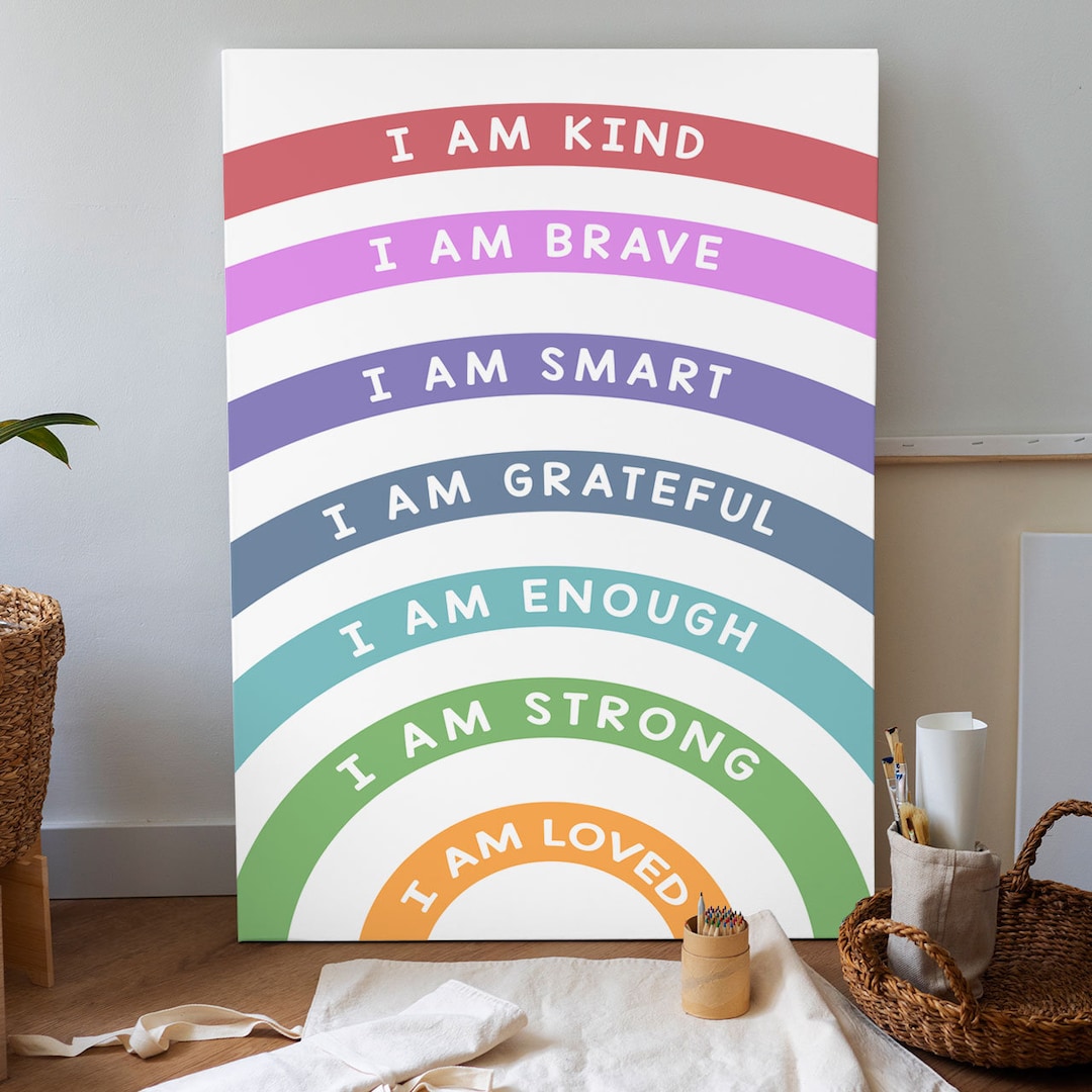 Rainbow Affirmations Canvas, Gift for Kids, I Am Kind Loved Brave ...