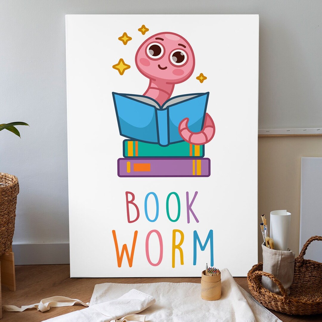Book Worm Canvas, Reading Corner Sign Poster, Let's Read, Reading Nook ...
