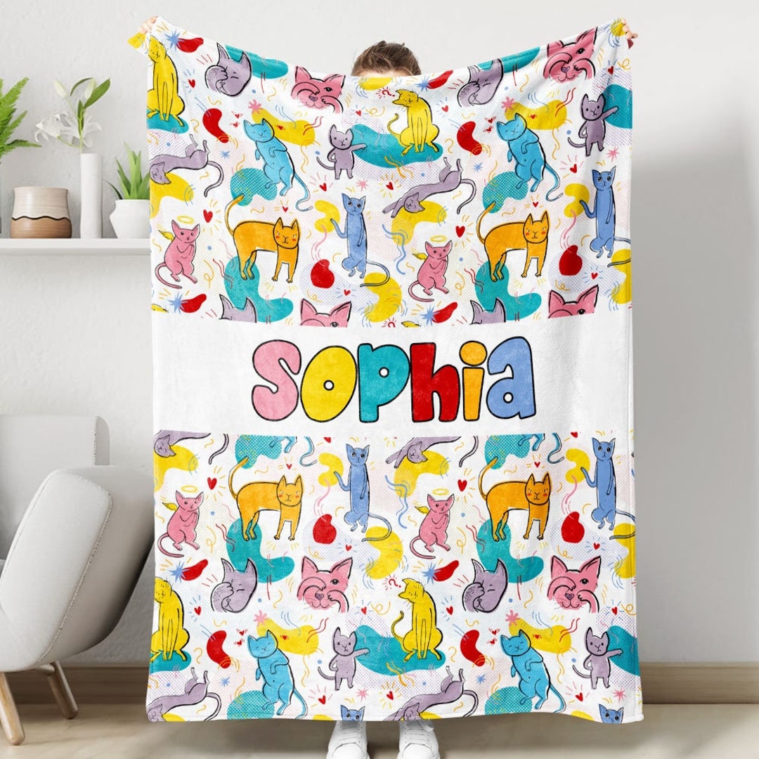 Personalized Cat Blanket, Cute Cats Blanket, Custom Name Soft Cozy ...