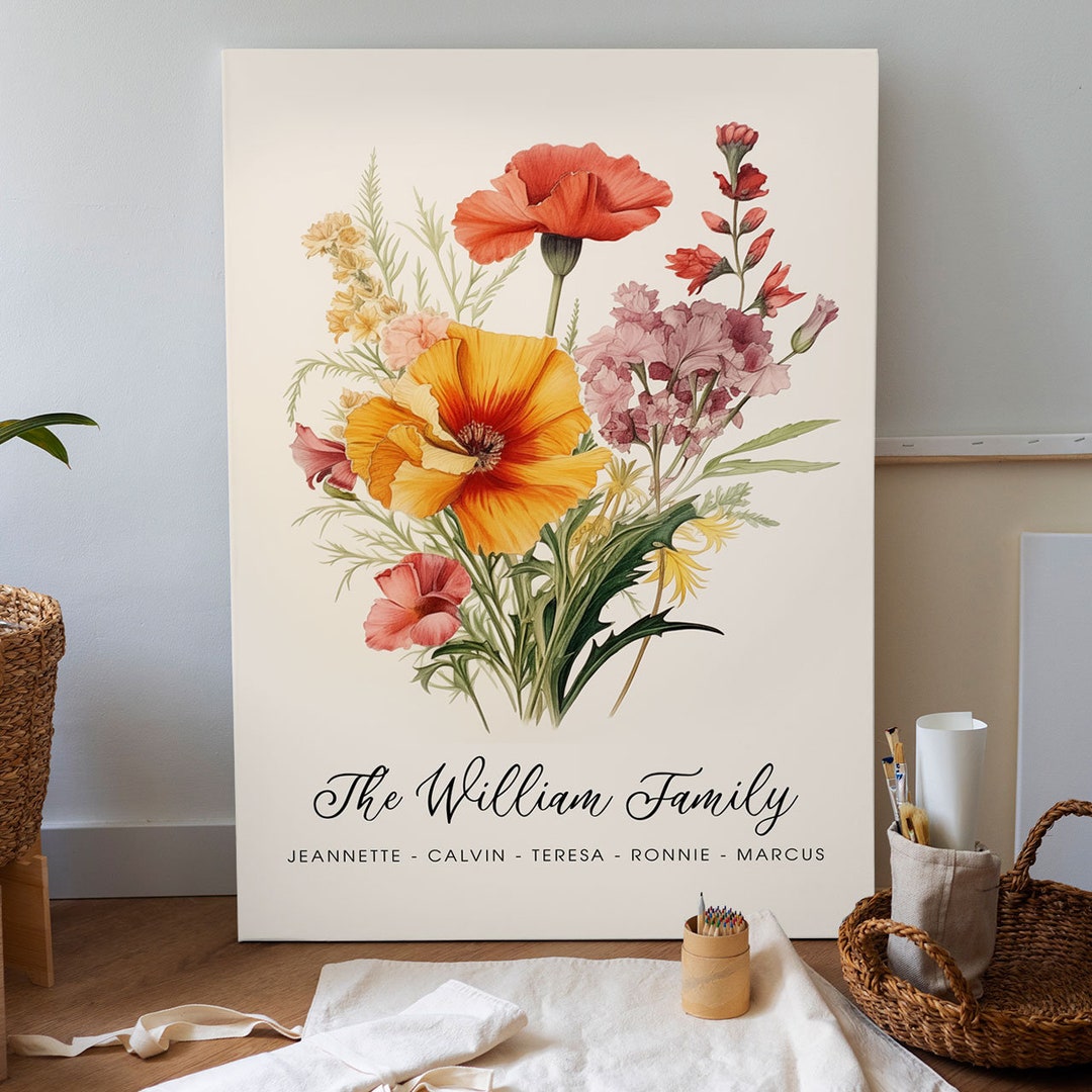 Family Custom Bouquet Personalized Wall Print With Multi Name, Family ...