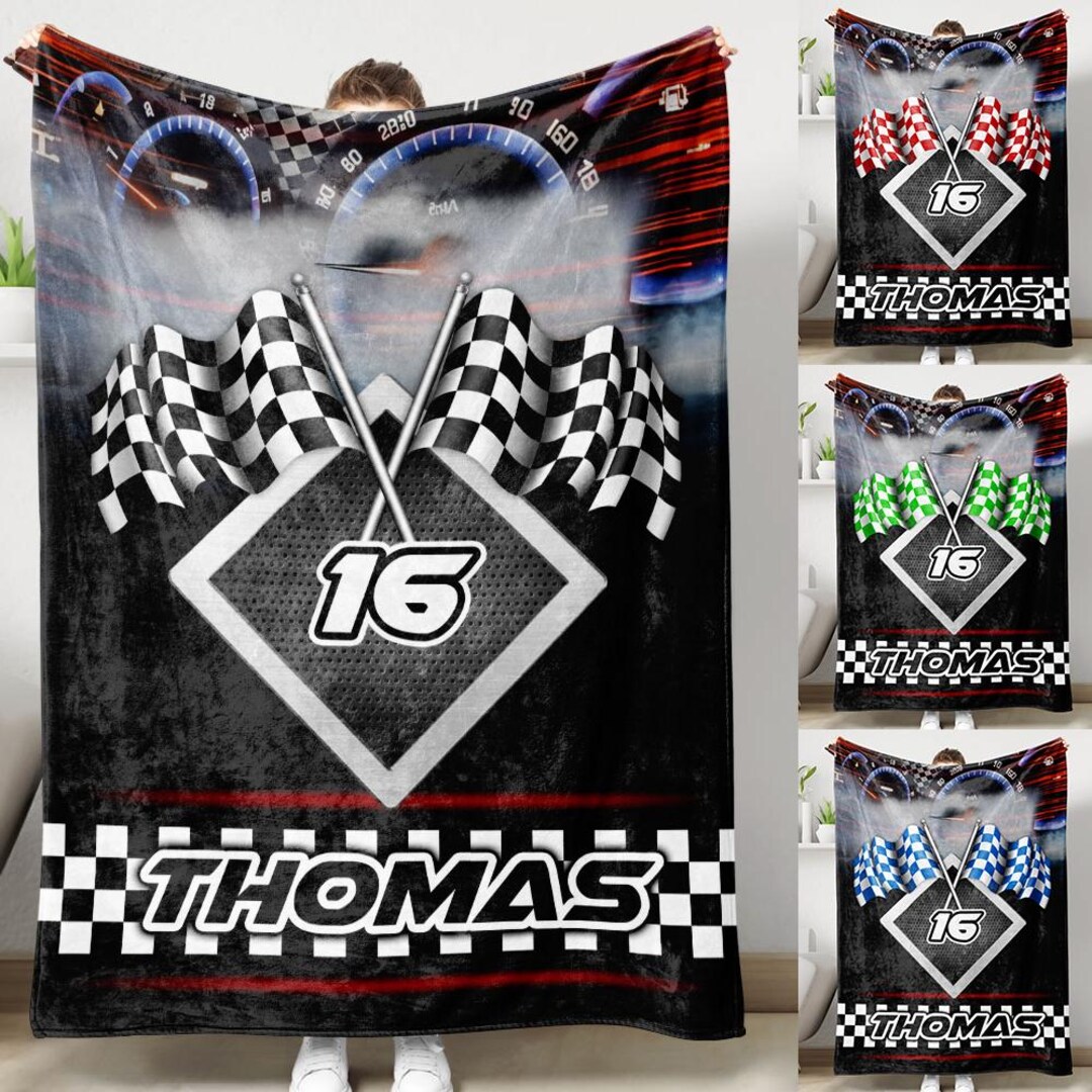Personalized Car Racing Blanket Checkered Flag Sherpa Fleece Throw