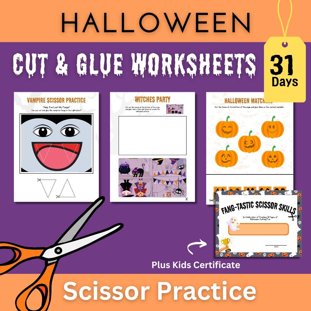 Halloween Scissor Practice Worksheets | Cutting and Gluing Activities ...